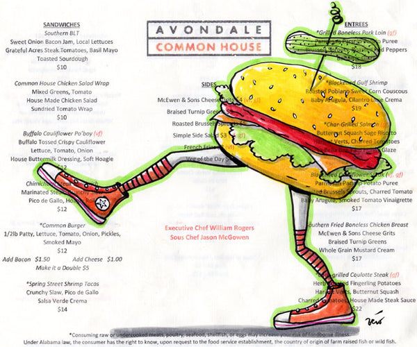 Menu drawing - Avondale Common House – Vero the Traveling Artist